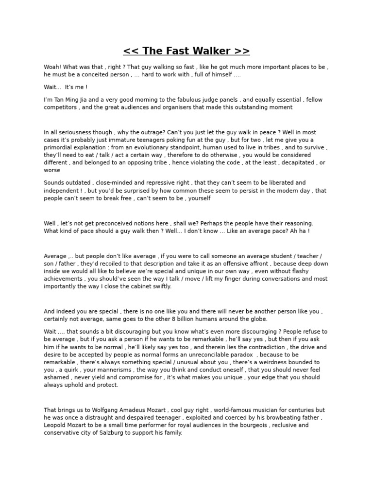 Tan Ming Jia - Public Speaking (The Fast Walker) Finality Script | PDF | Adolescence