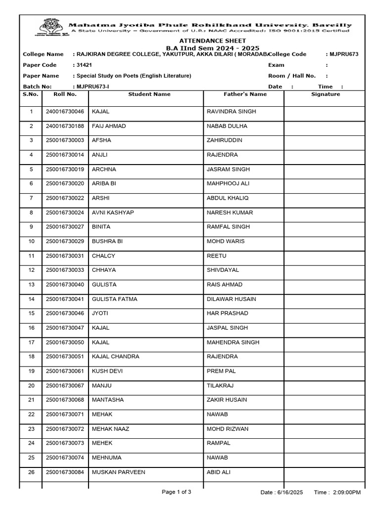 Attendance Sheet With Batch | PDF