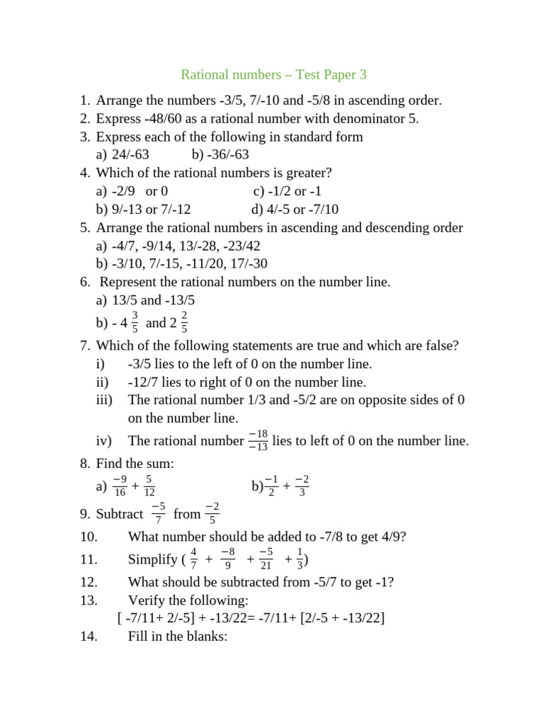 Rational Numbers Test Paper-3 | PDF