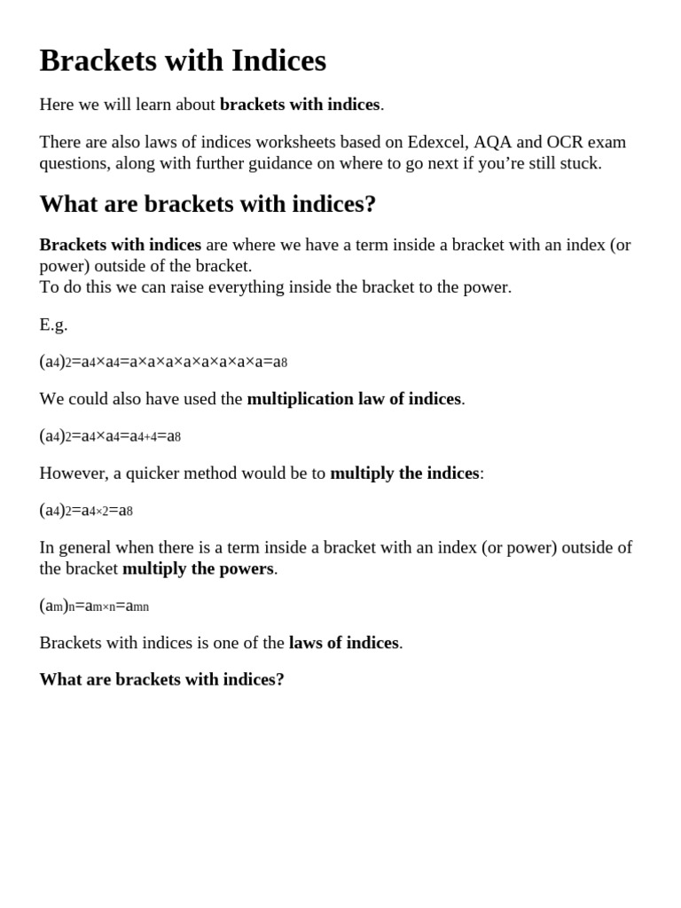 Simplifying Brackets with Indices | PDF | Arithmetic | Mathematical ...