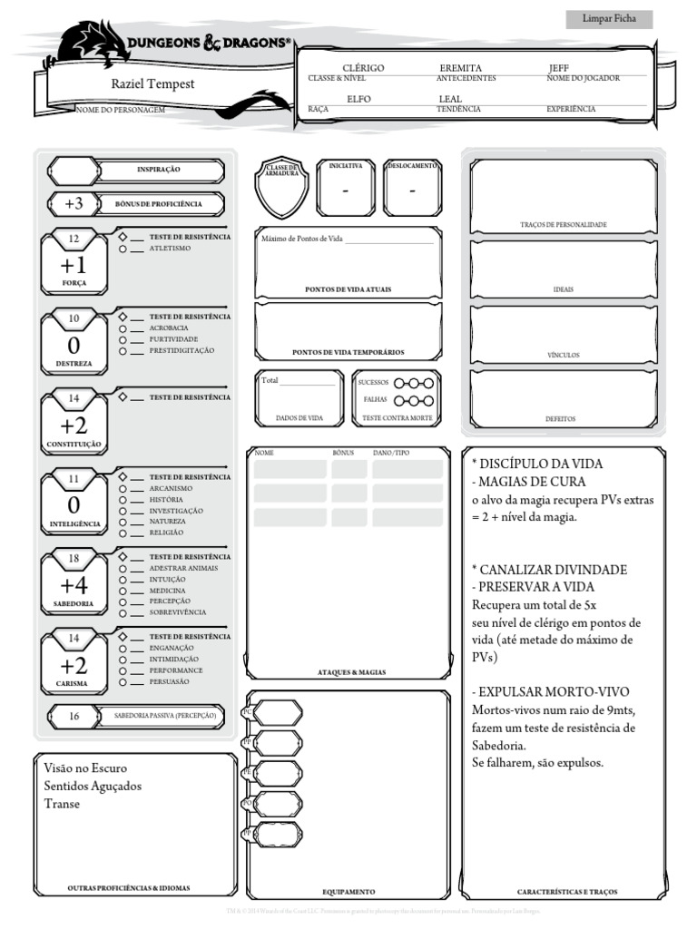 DND 5e - Ficha Base PERFEITA - Editavel | PDF | Jogos de RPG