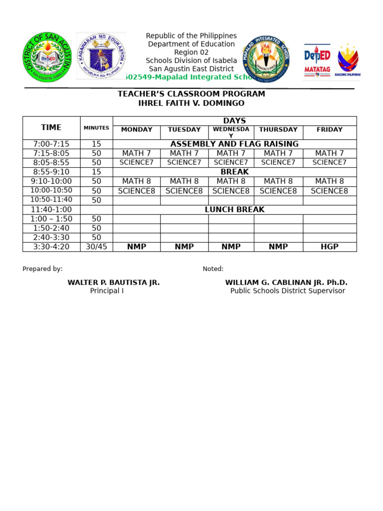 Teacher's Classroom Program Schedule | PDF