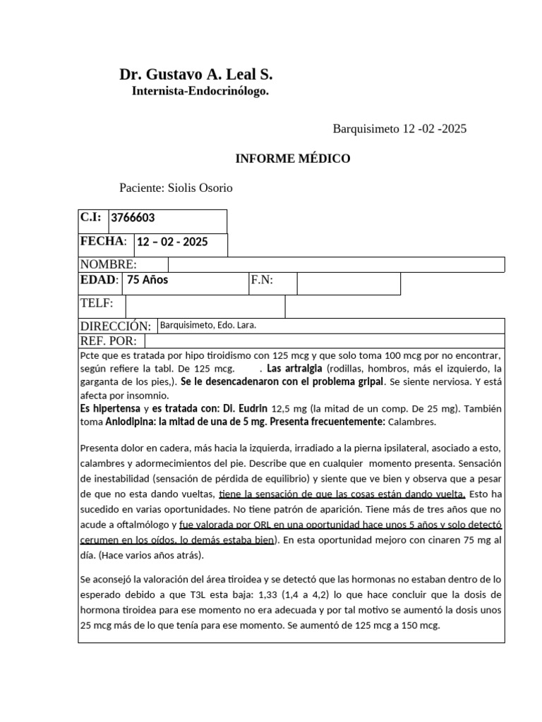 INFORME MÉDICO de Paciente Siolis Osorio | PDF | Medicina CLINICA ...