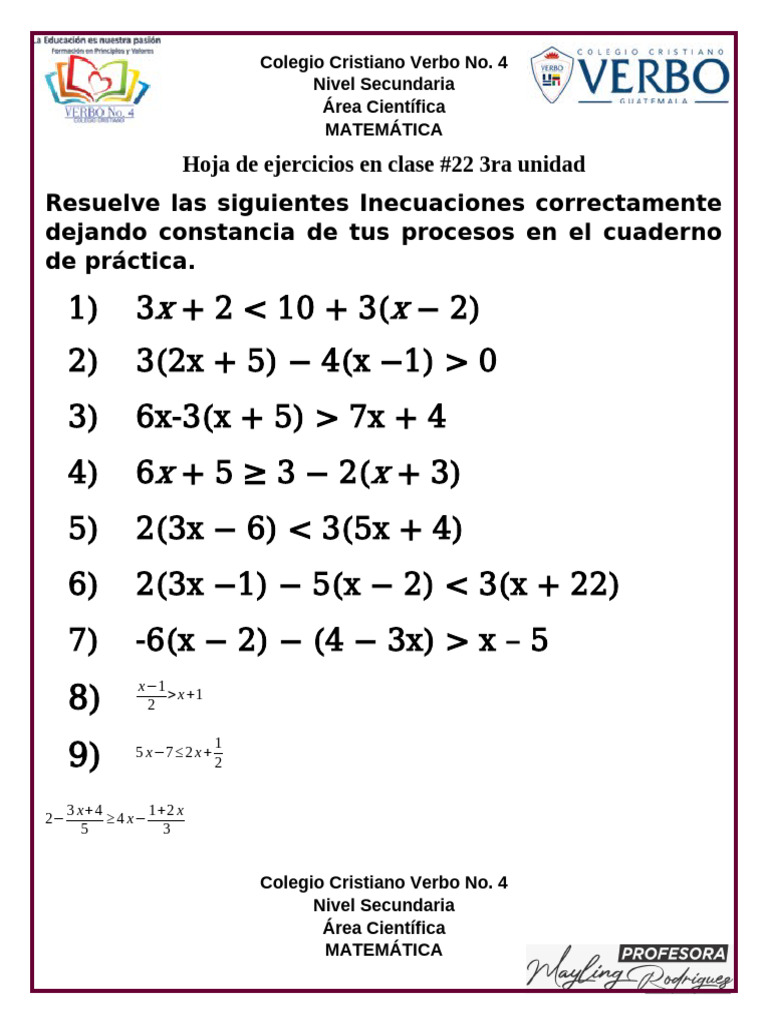 Hoja de Ejercicios #22 INECUACIONES O DESIGUALDADES | PDF