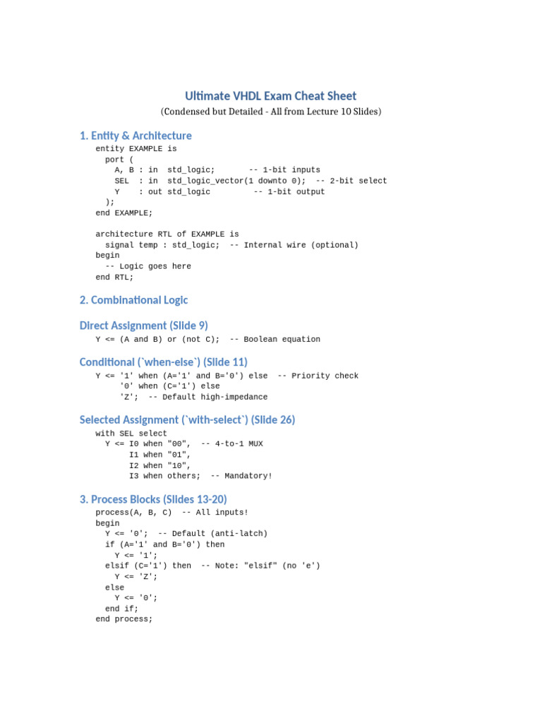 VHDL Cheat Sheet Condensed | PDF | Vhdl | Electronic Design Automation