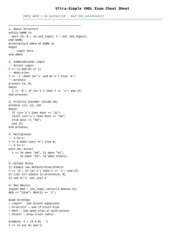 VHDL Cheat Sheet OnePage | PDF