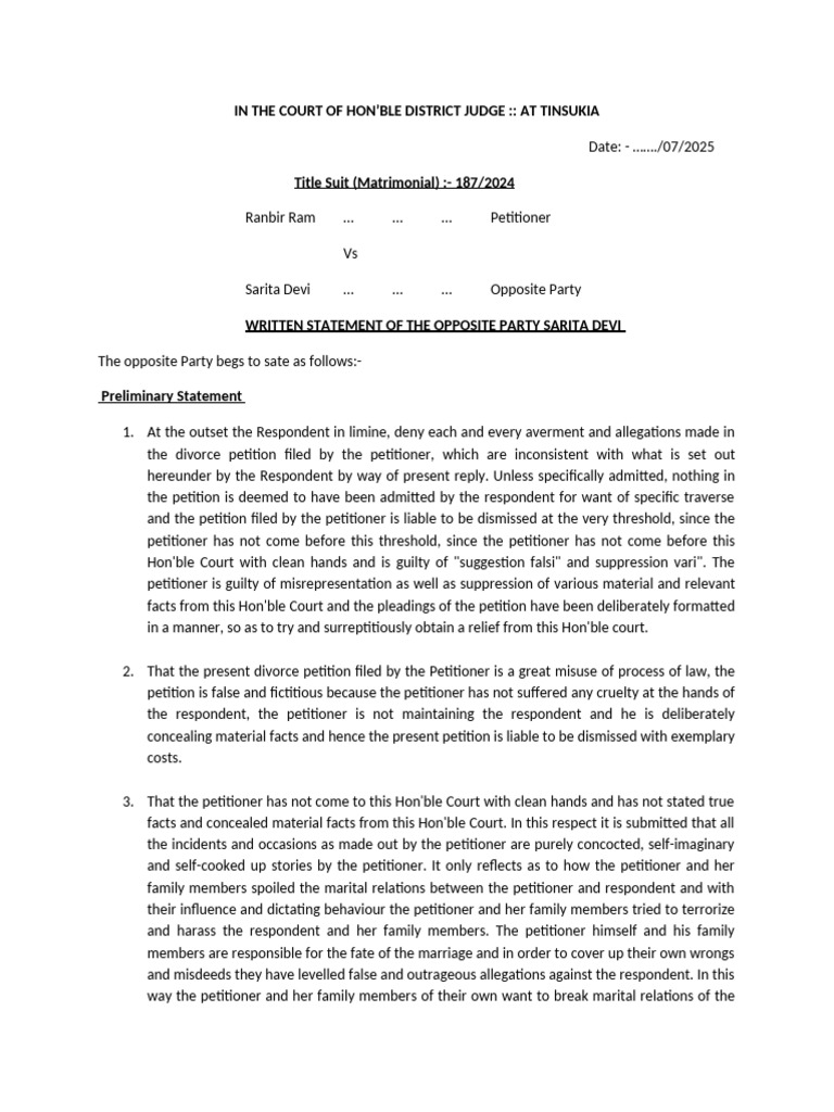 Written Statement Sarita Devi Divorce | PDF | Social Institutions