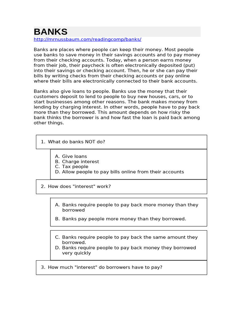 Text - Banks Reading Comprehension (With Questions) | PDF