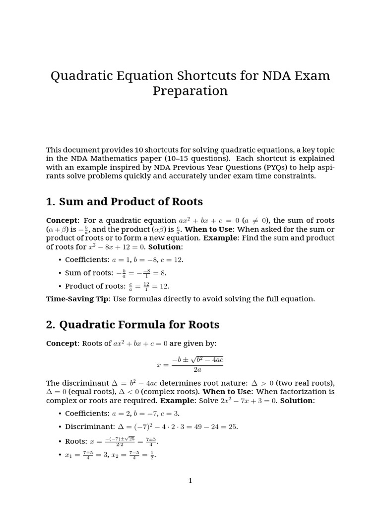 NDA Quadratic Equation Shortcuts | PDF | Quadratic Equation ...