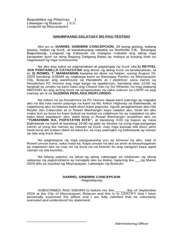 Salaysay NG Witness | PDF