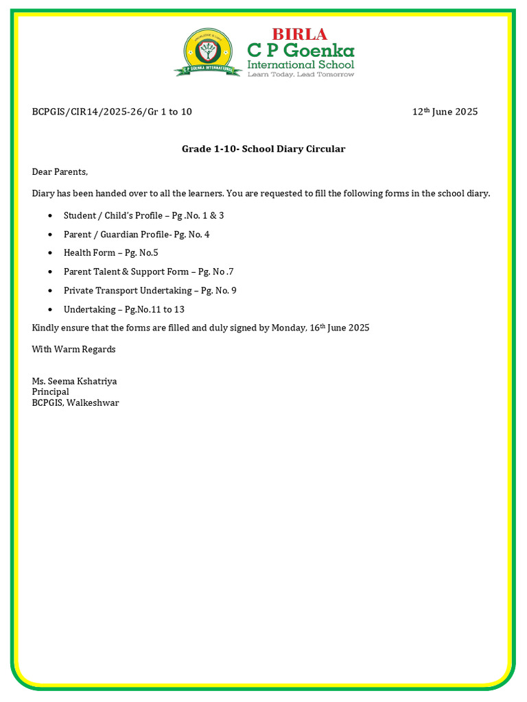 BCPGIS/CIR14/2025-26/Gr 1 To 10 12 June 2025: Grade 1-10-School Diary ...