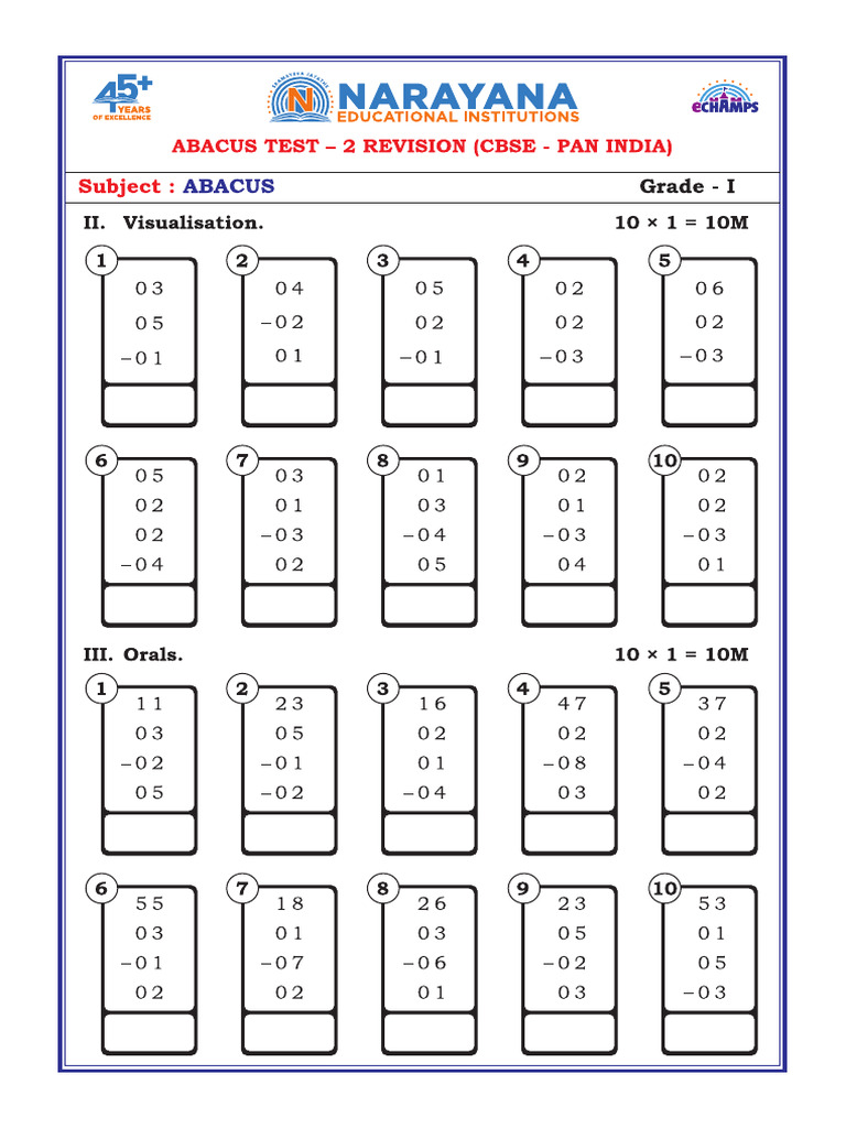 Abacus Grade-1 Abacus Test-2 Teacher Handout Revision Paper Assignment ...