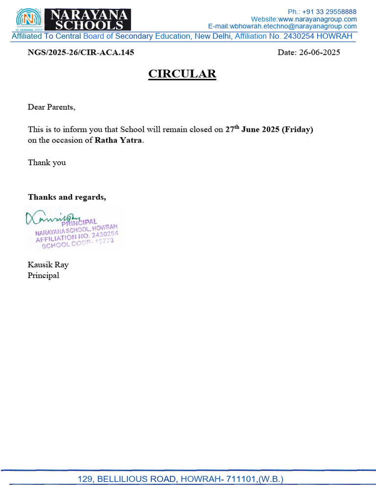 Cir.145 Ratha Yatra Holiday Circular 2025-26 | PDF