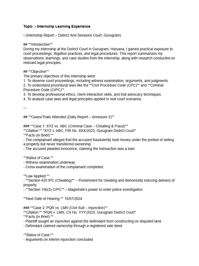 Internship Report: XYZ v. ABC Case Study | PDF | Trials | Lawsuit