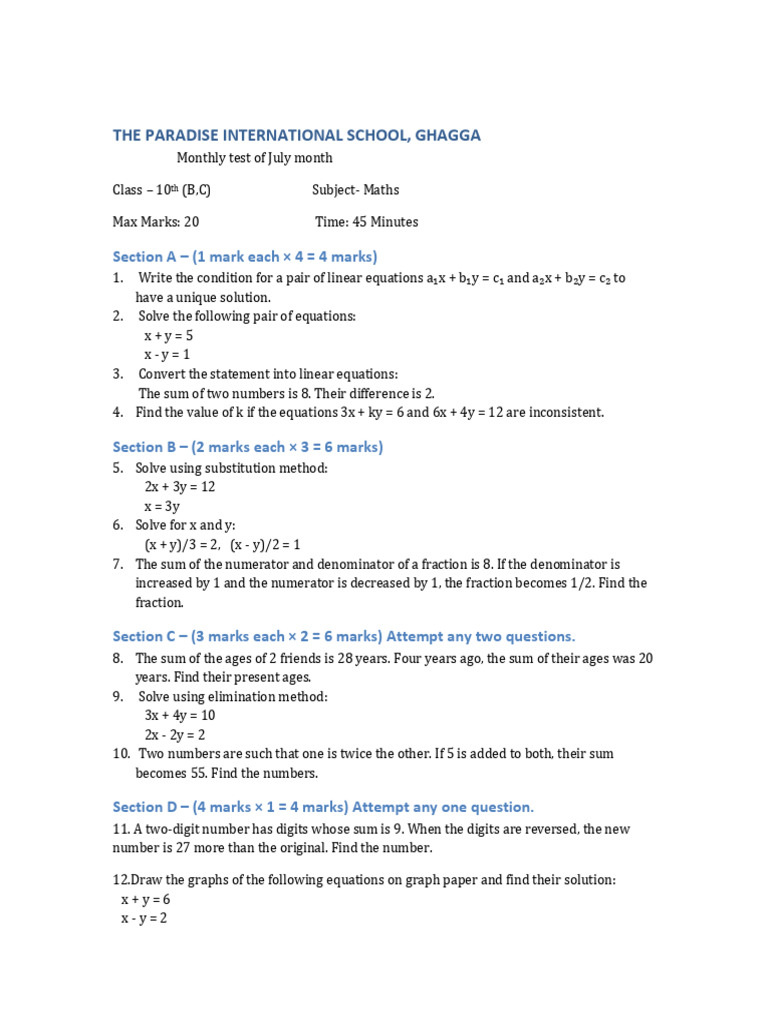 Class - 10th (B JC) Mts Maths | PDF