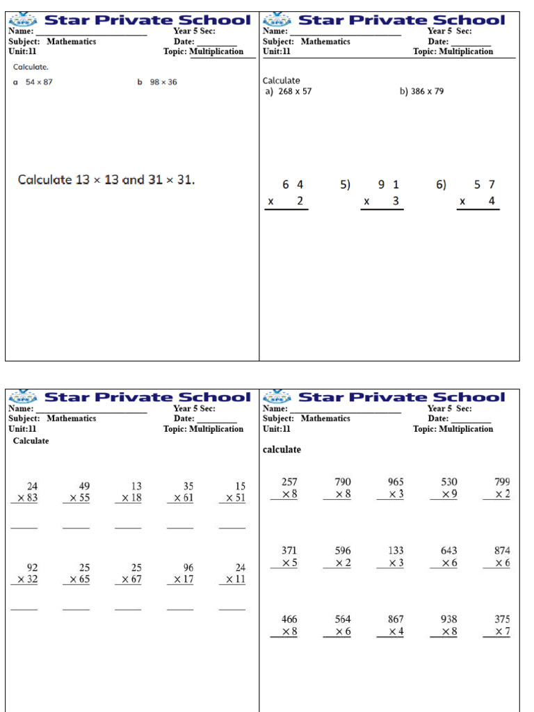 Year 5 Mathematics: Multiplication Exercises | PDF
