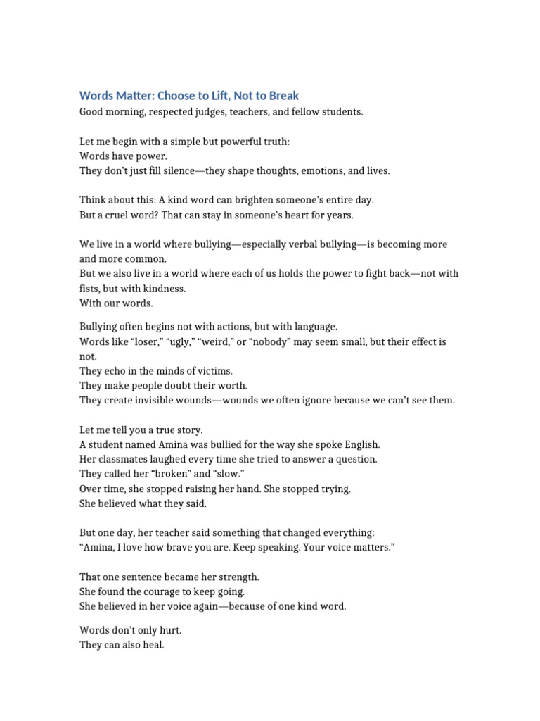 The Power of Words - Speech On Bullying | PDF | Bullying