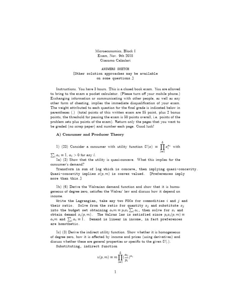 Exam MicroI 2018ANSWER | PDF | Economic Equilibrium | Utility