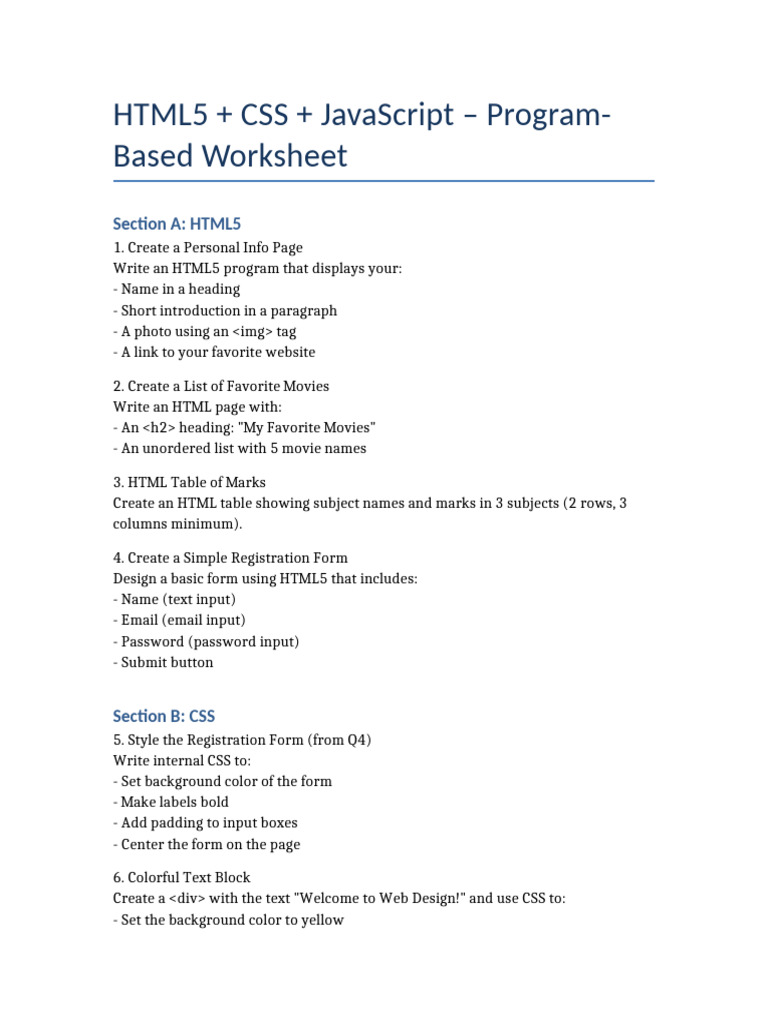 Html5 Css Js Worksheet | PDF