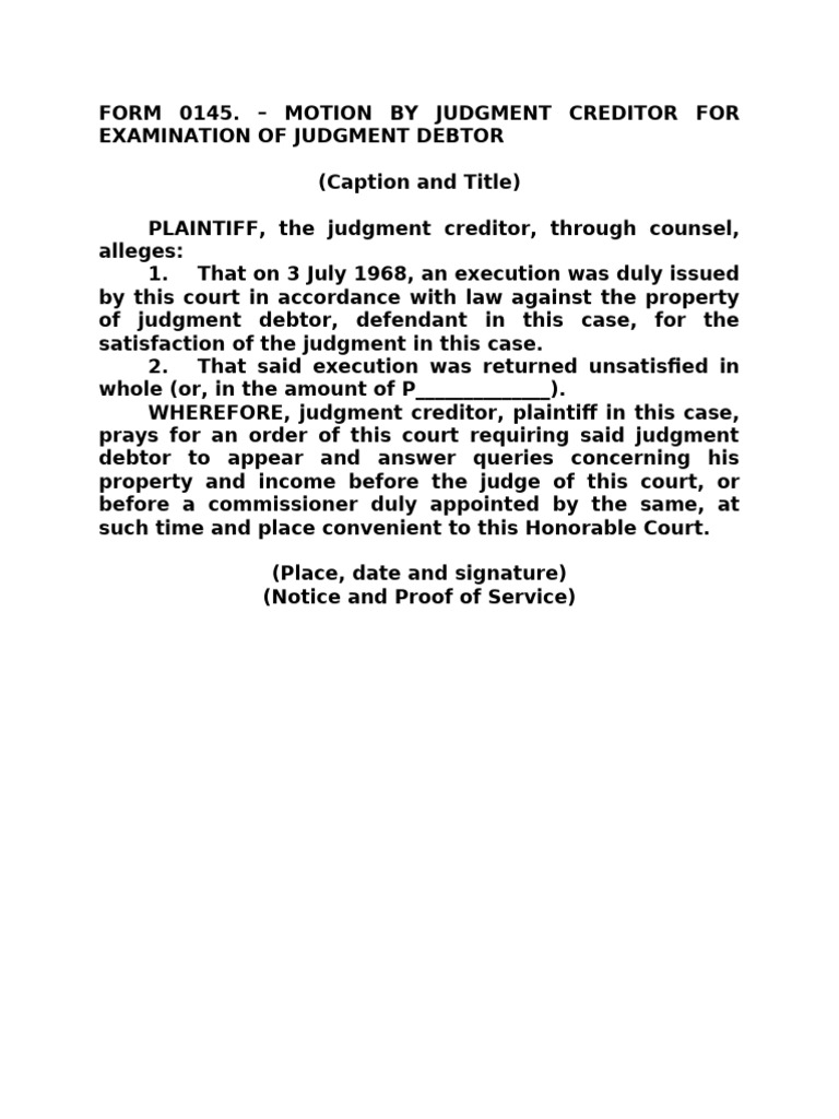 Form 0145 Motion by Judgment Creditor For Examination of Judgment ...