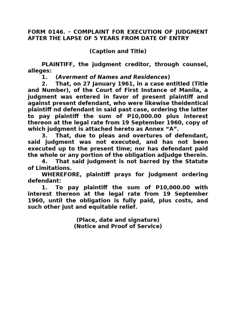 Form 0146 Complaint For Execution of Judgment After The Lapse of 5 Years From Date of Entry | PDF