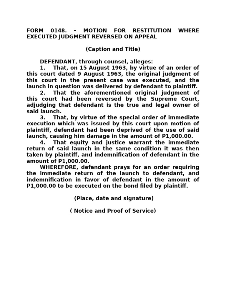 Form 0148 Motion For Restitution Where Executed Judgment Reversed On ...