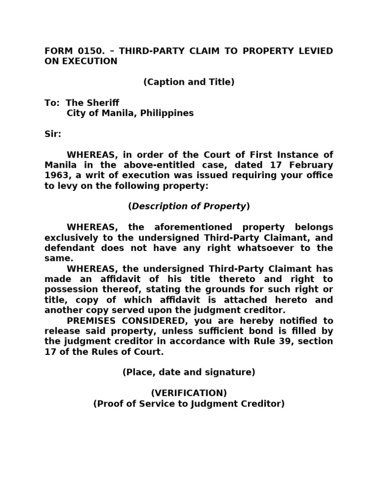 Form 0150 Third Party Claim To Property Levied On Execution | PDF