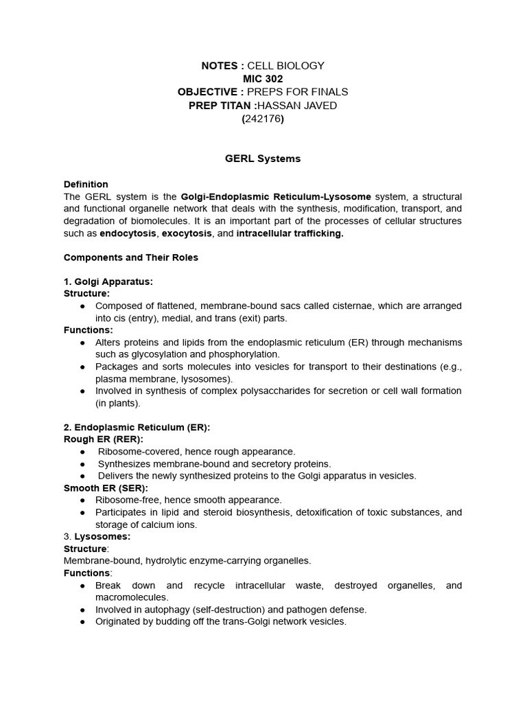 Cell Biology - Notes For Final Exams | PDF | Endoplasmic Reticulum ...