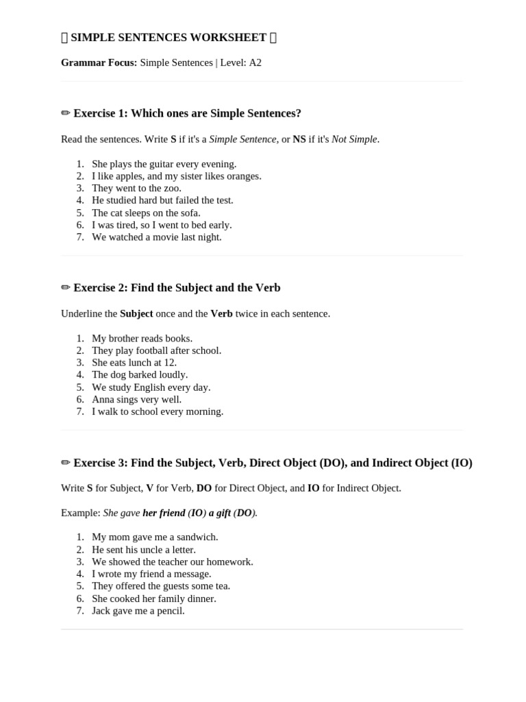 ? Simple Sentences Worksheet ? | PDF