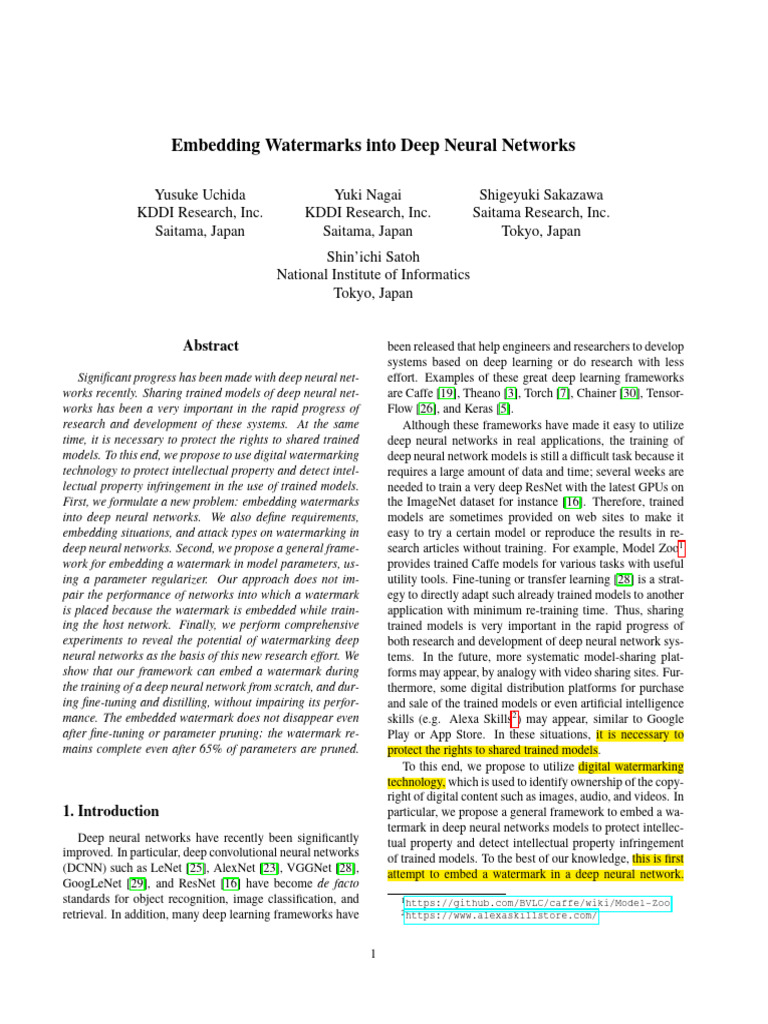 Uchida 2017: Watermarking Neural Networks | PDF | Data Compression ...