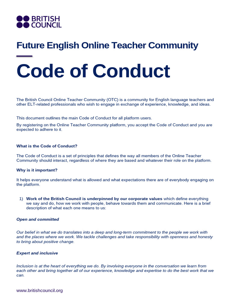 Future English Online Teacher Community Code of Conduct - FINAL | PDF ...