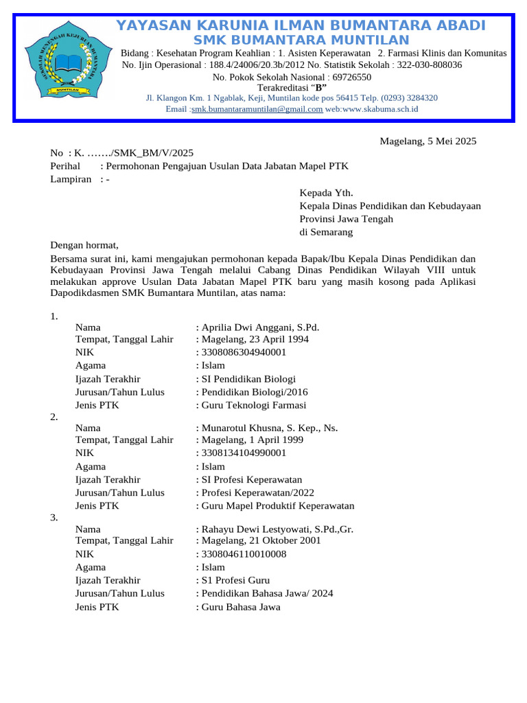 Permohonan Usulan Data Jabatan Mapel | PDF