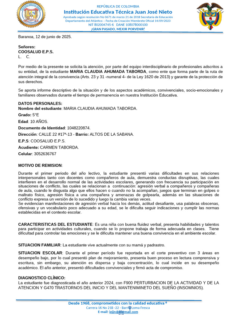 Remision Eps - Maria Claudia Ahumada Taborda | PDF | Ciencias del comportamiento | Sicología