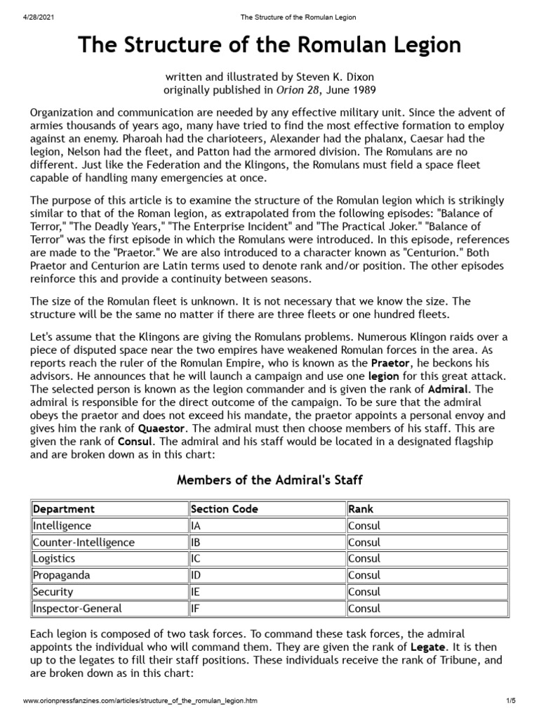 The Structure of The Romulan Legion | PDF | Military Rank | Military ...