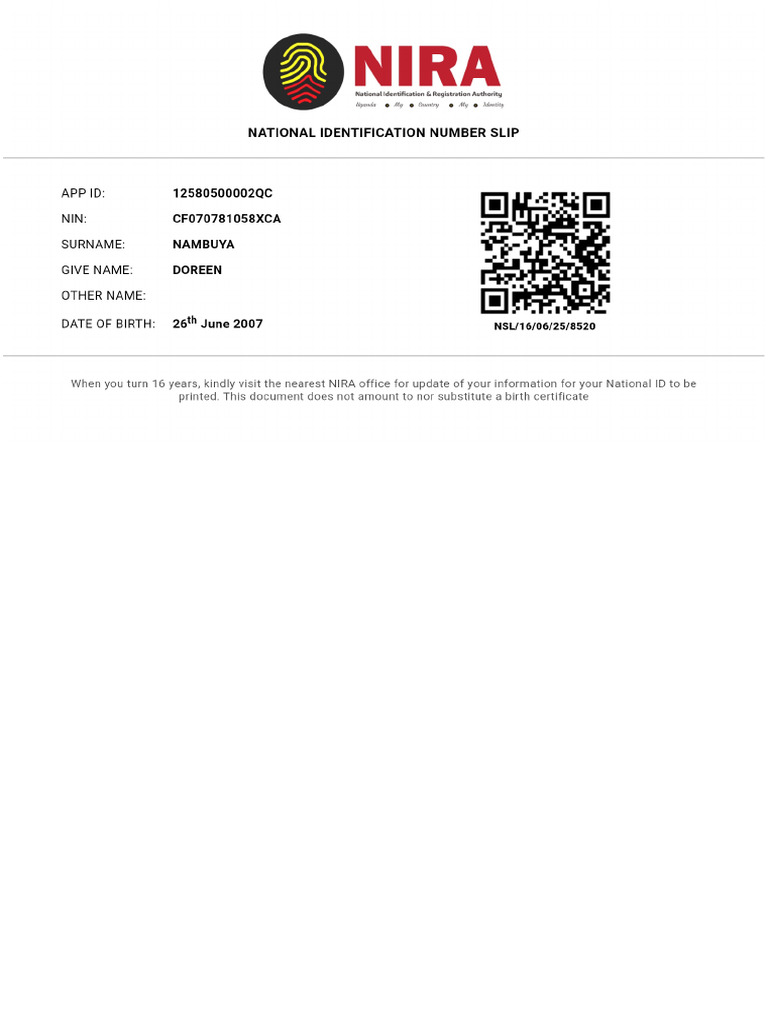 Nambuya Doreen's NIN Slip | PDF