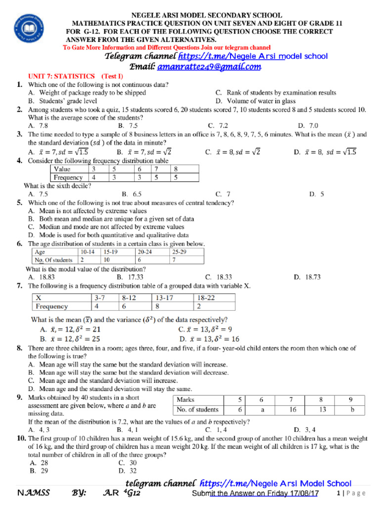 Maths Worksheet GR 11 Unit 7& 8 For GR 11 and Do Assignment 1 | PDF | Mean | Percentile