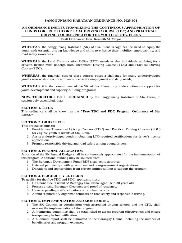 SK Ordinance No. 2025-001 - Free TDC and PDC Program | PDF | Driving
