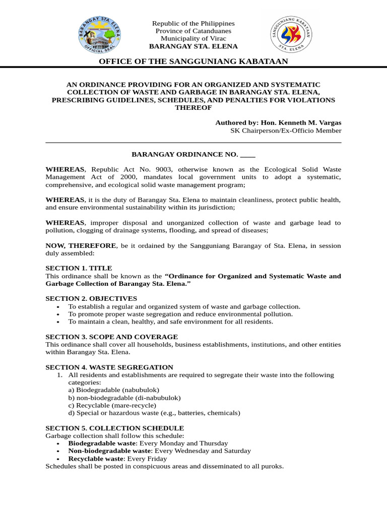 Barangay Ordinance - Organizing and Systematized Waste and Garbage Collection | PDF | Municipal ...