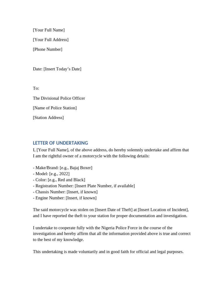 Undertaking Letter Stolen Motorcycle | PDF