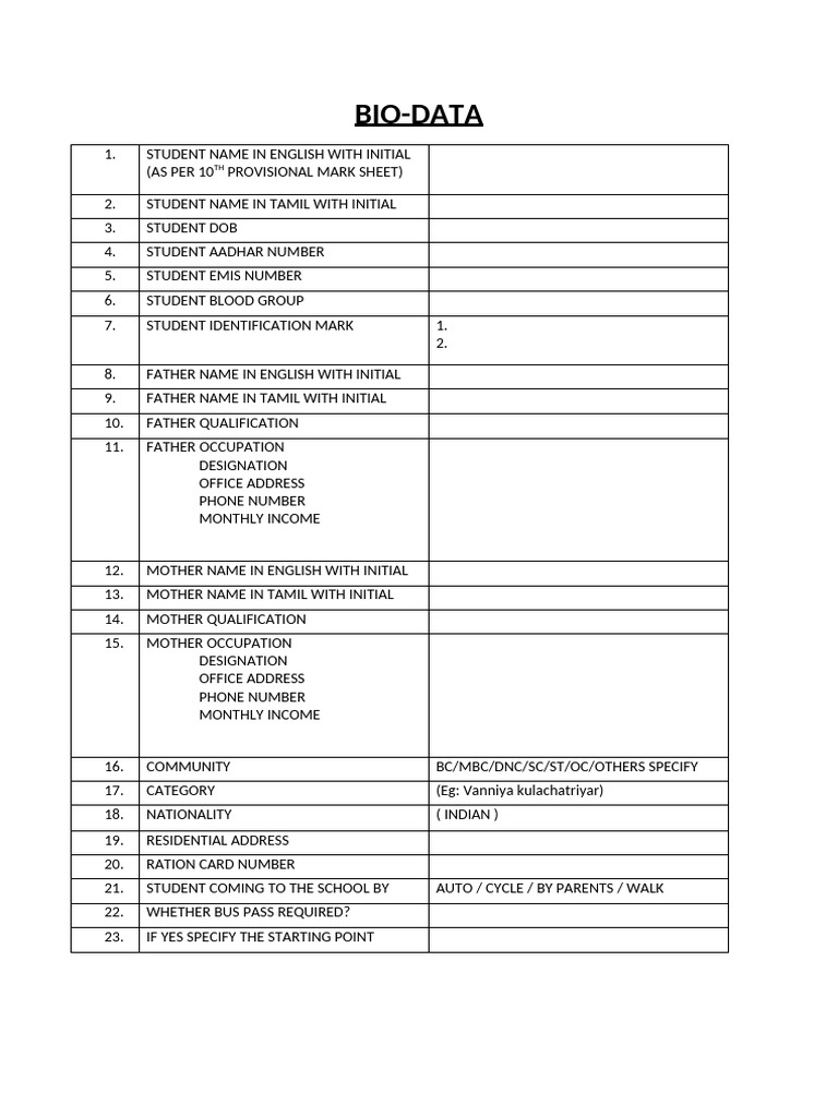 Bio Data Format | PDF