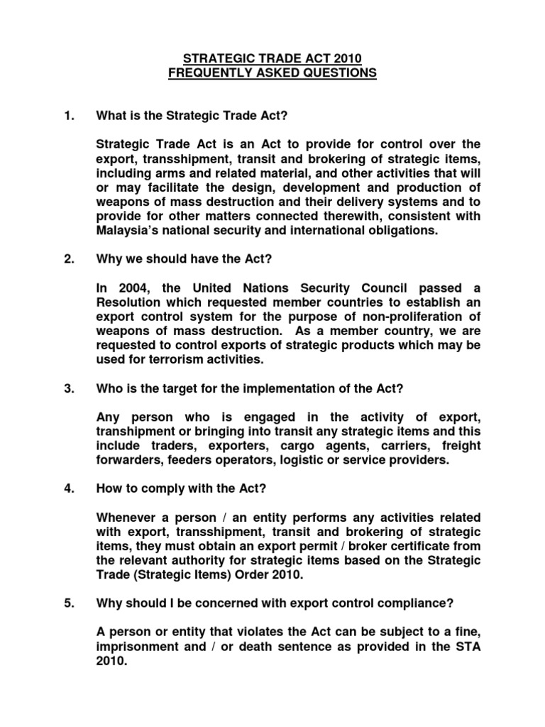 Strategic Trade Act Frequently Asked Questions | PDF | Tariff | Exports