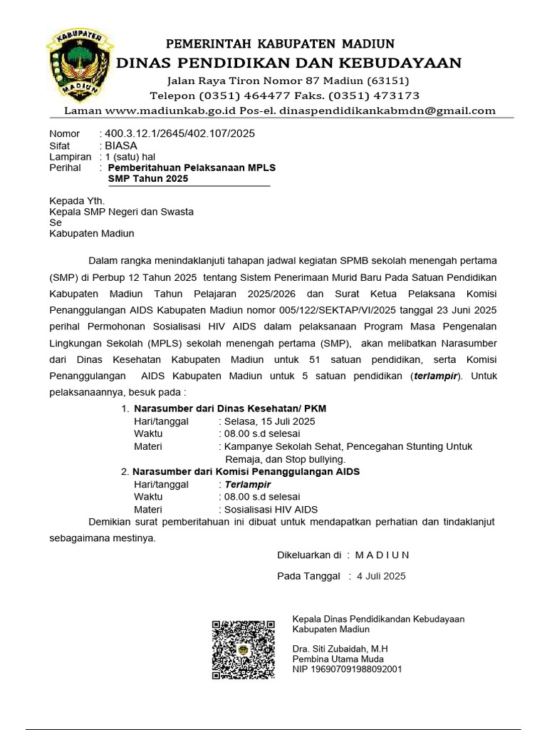 Pemberitahuan Pelaksanaan MPLS SMP Tahun 2025 | PDF