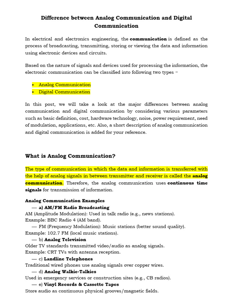 Difference Between Analog Communication and Digital Communication | PDF | Modulation ...