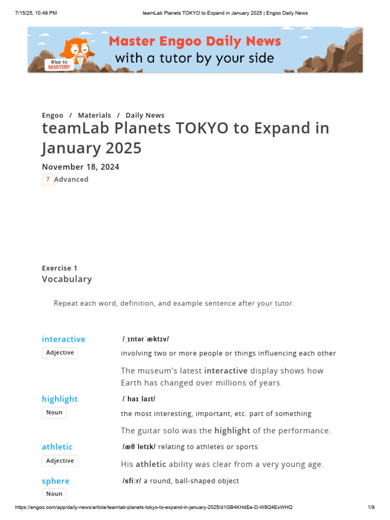 TeamLab Planets TOKYO To Expand in January 2025 - Engoo Daily News | PDF | Adjective | Noun