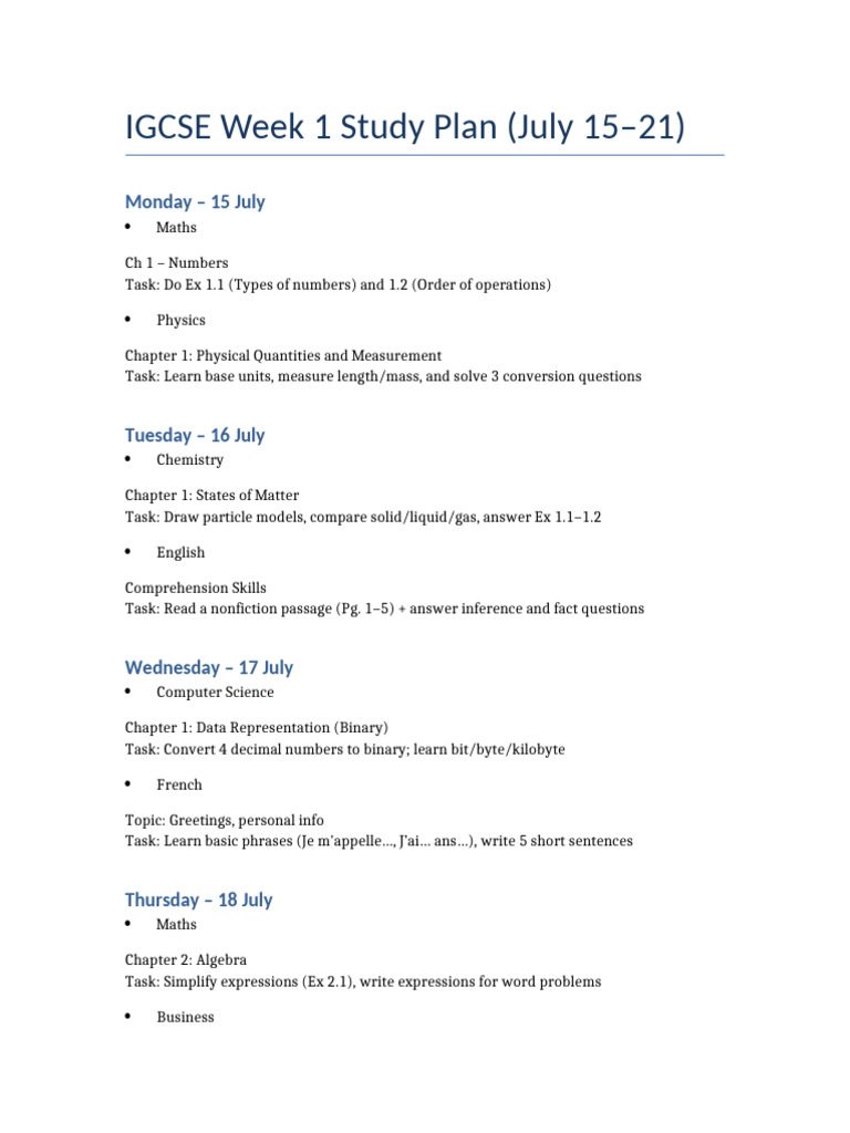 IGCSE Study Plan: July 15-21 | PDF