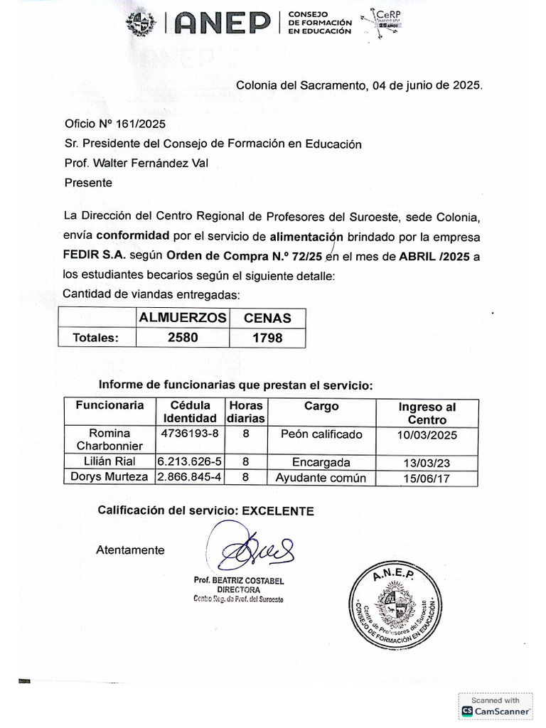 Oficio 161 Conformidad Alimentación Mayo | PDF