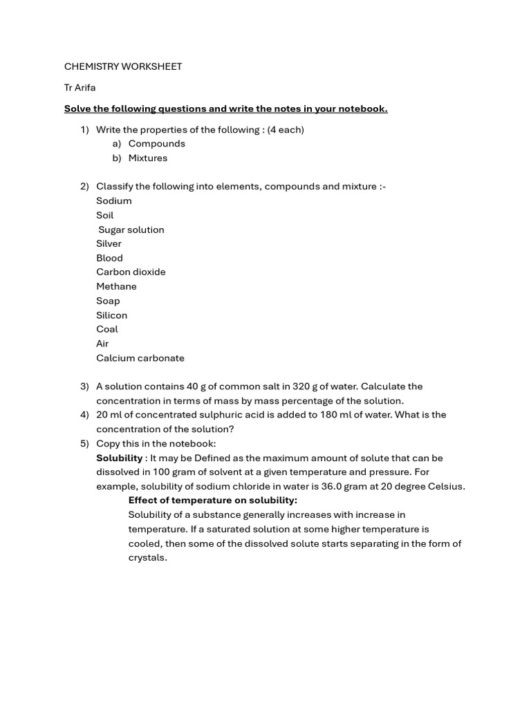 Chemistry Worksheet STD 9 | PDF
