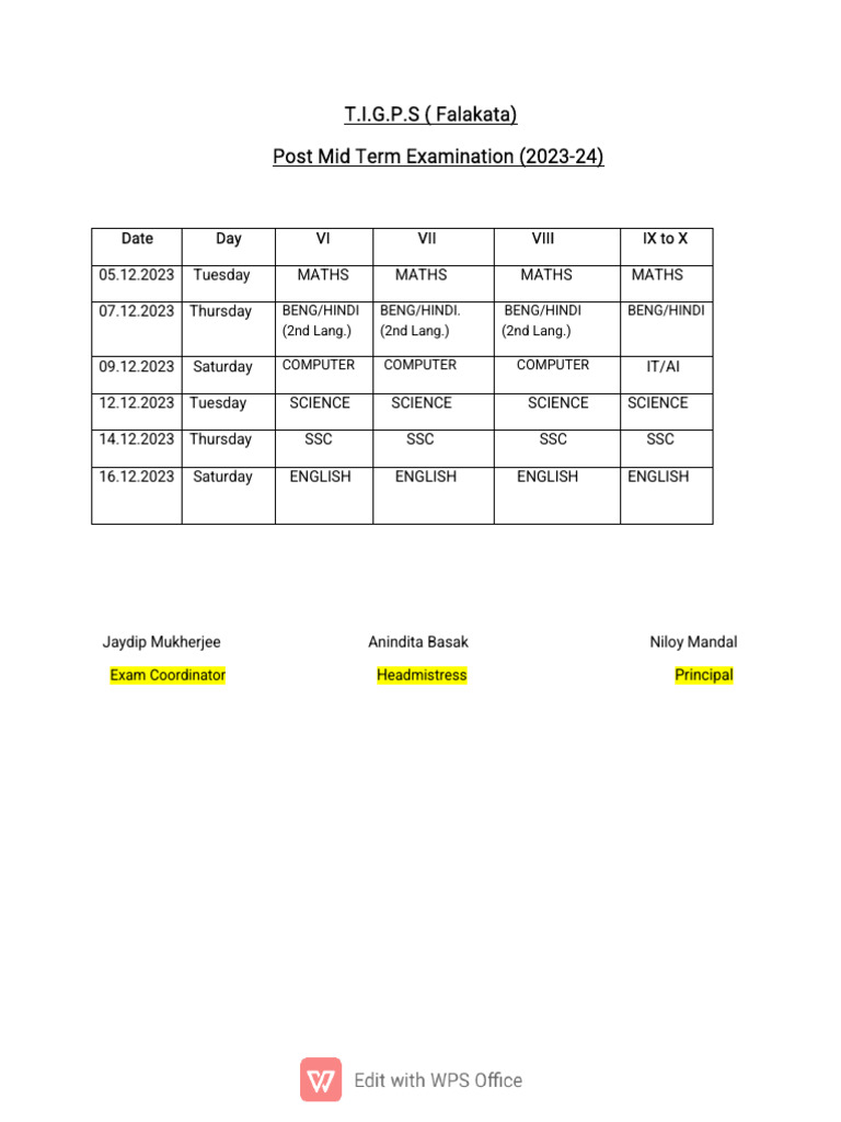 Exam Schedule-Post Mid Term VI-X 23 | PDF