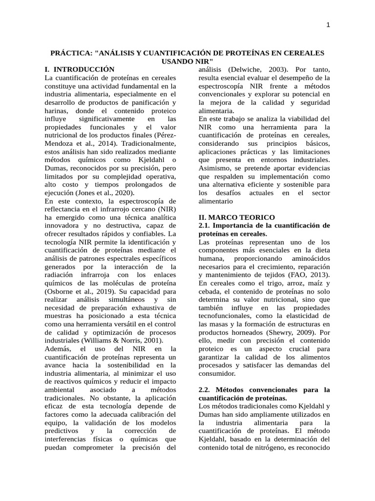 Práctica: "Análisis Y Cuantificación de Proteínas en Cereales Usando Nir" I. Introducción | PDF ...