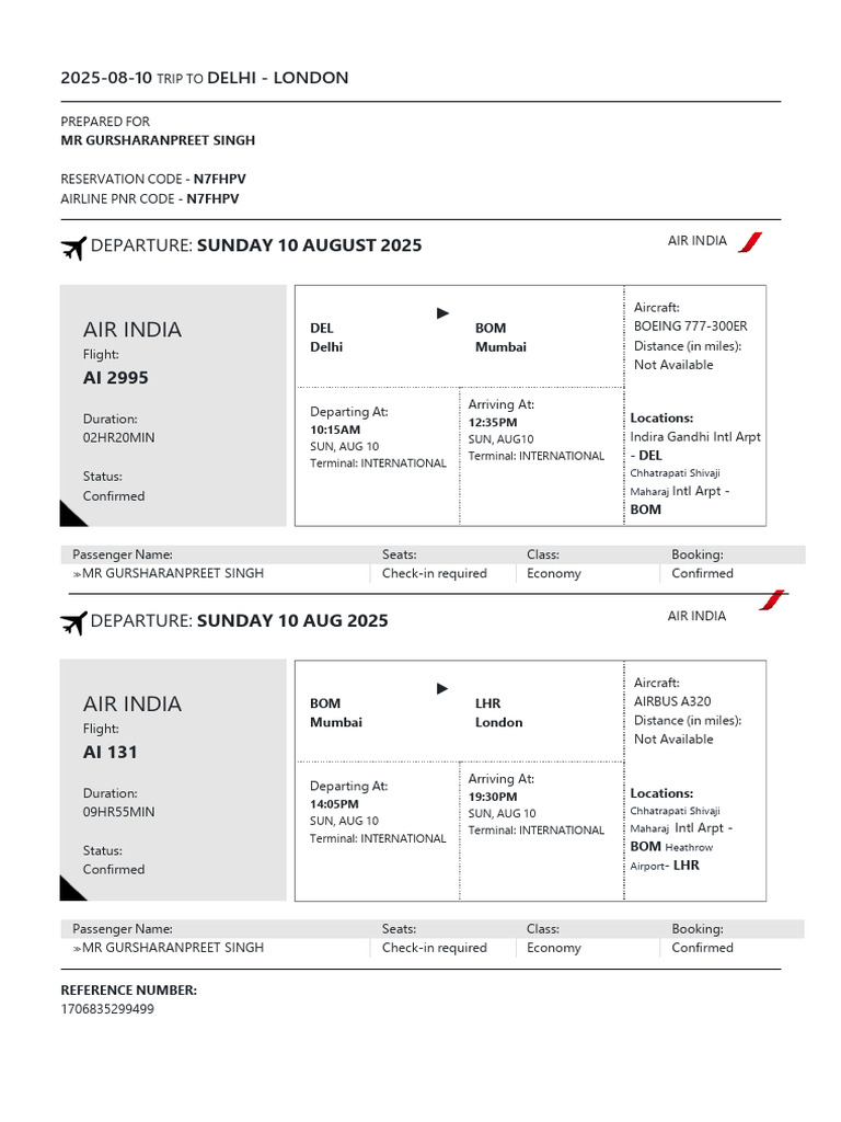 Delhi to London Flight Itinerary 2025 | PDF | Transport | Aircraft